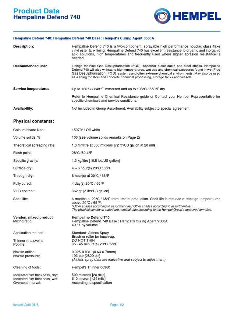 Product Data: Hempaline Defend 740 | PDF | Chemistry | Industrial Processes