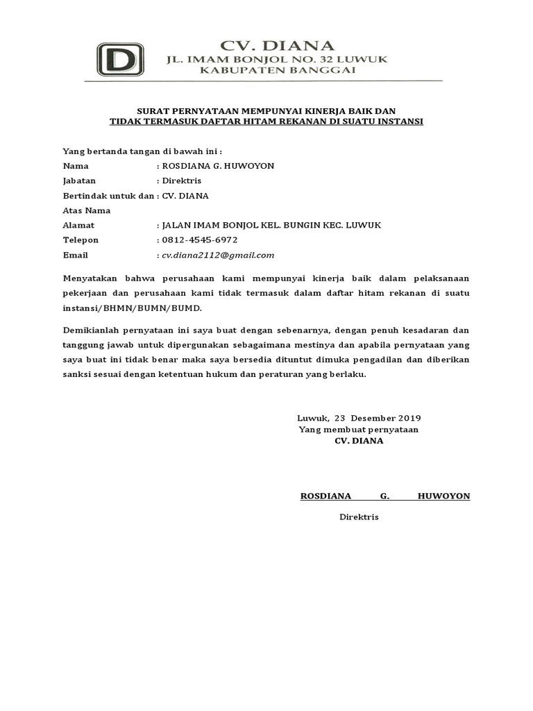 Surat Pernyataan Tidak Masuk Daftar Hitam | PDF