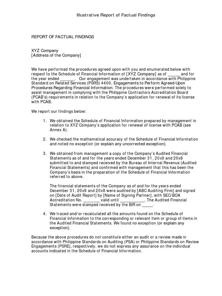 Report of Factual Findings XYZ Company (Address of The Company) | PDF ...