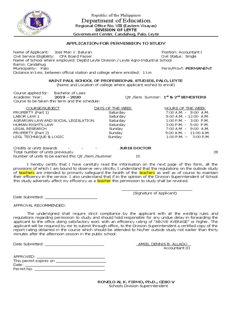 Permit To Study Format | PDF | College | Teachers