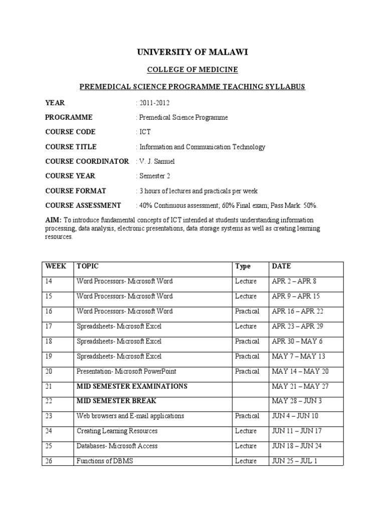 Ict-Semster 2 Course Outline | PDF | Databases | Lecture