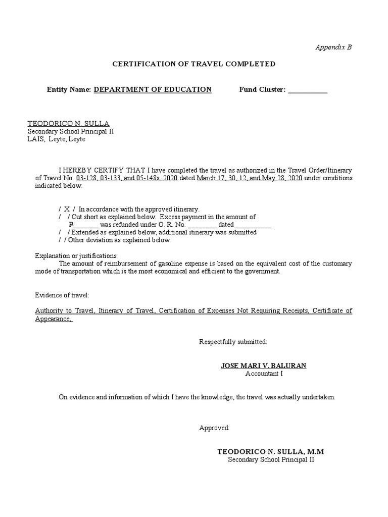 Certificate of Travel Completed | PDF