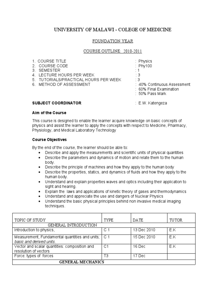 Physics Course Outline SEM 1 | PDF | Torque | Physics