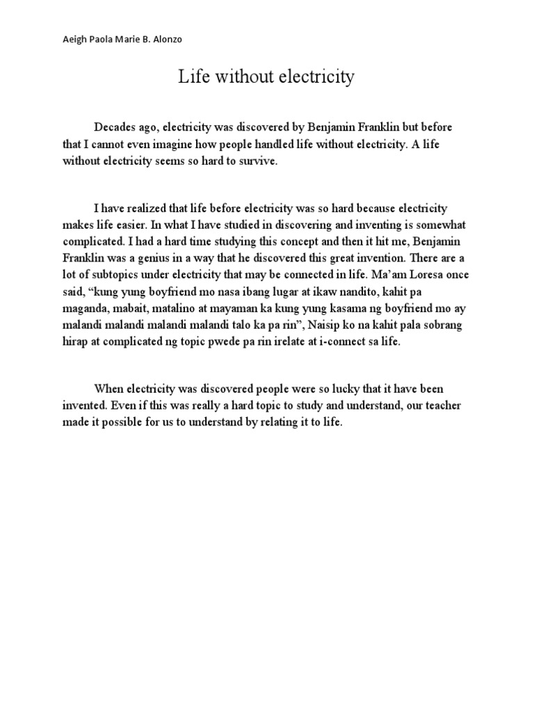Life Without Electricity: Aeigh Paola Marie B. Alonzo | PDF ...
