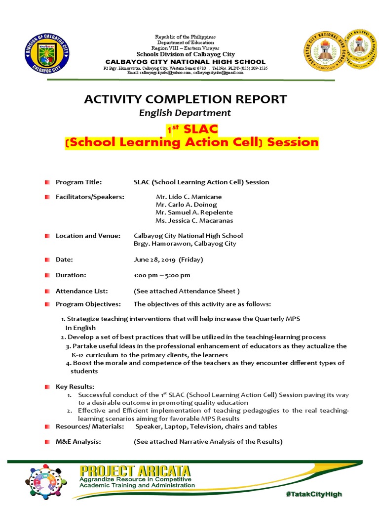 Activity Completion Report: 1 Slac (School Learning Action Cell) Session | PDF | Reading ...