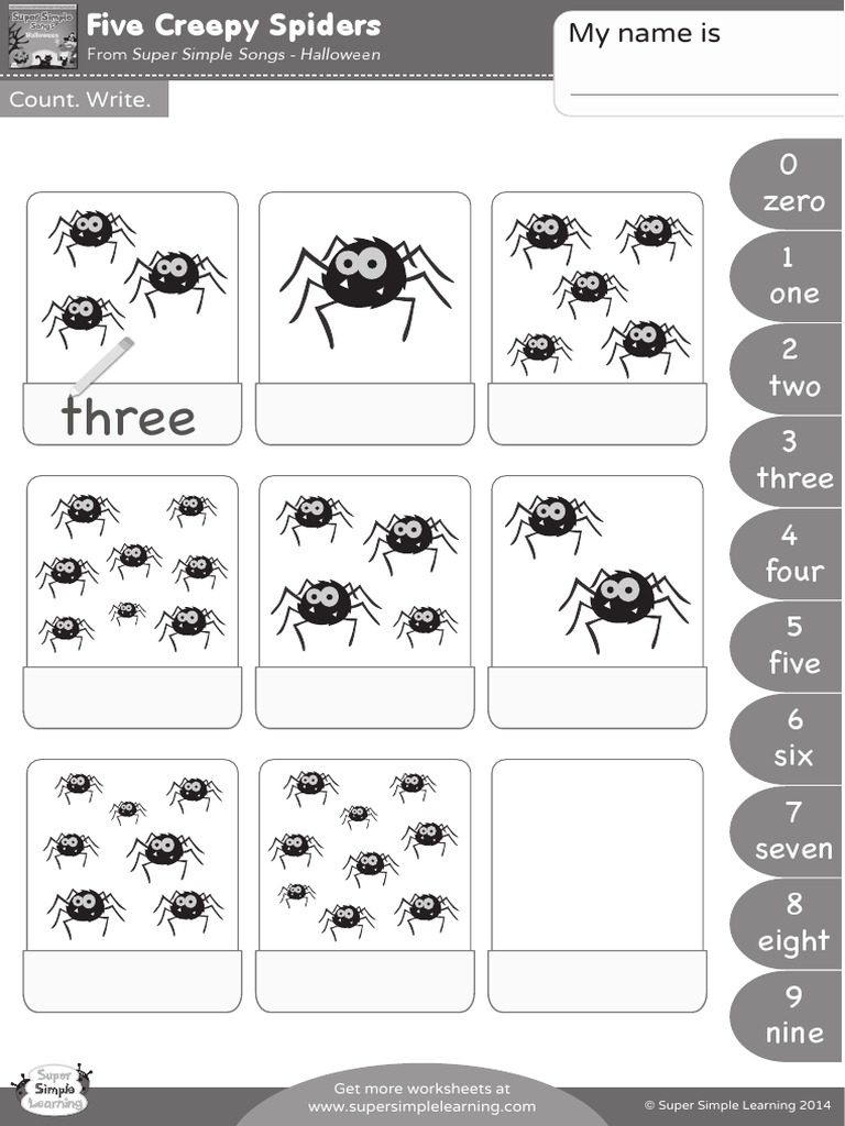 Five Creepy Spiders Worksheet Count Write BW | PDF