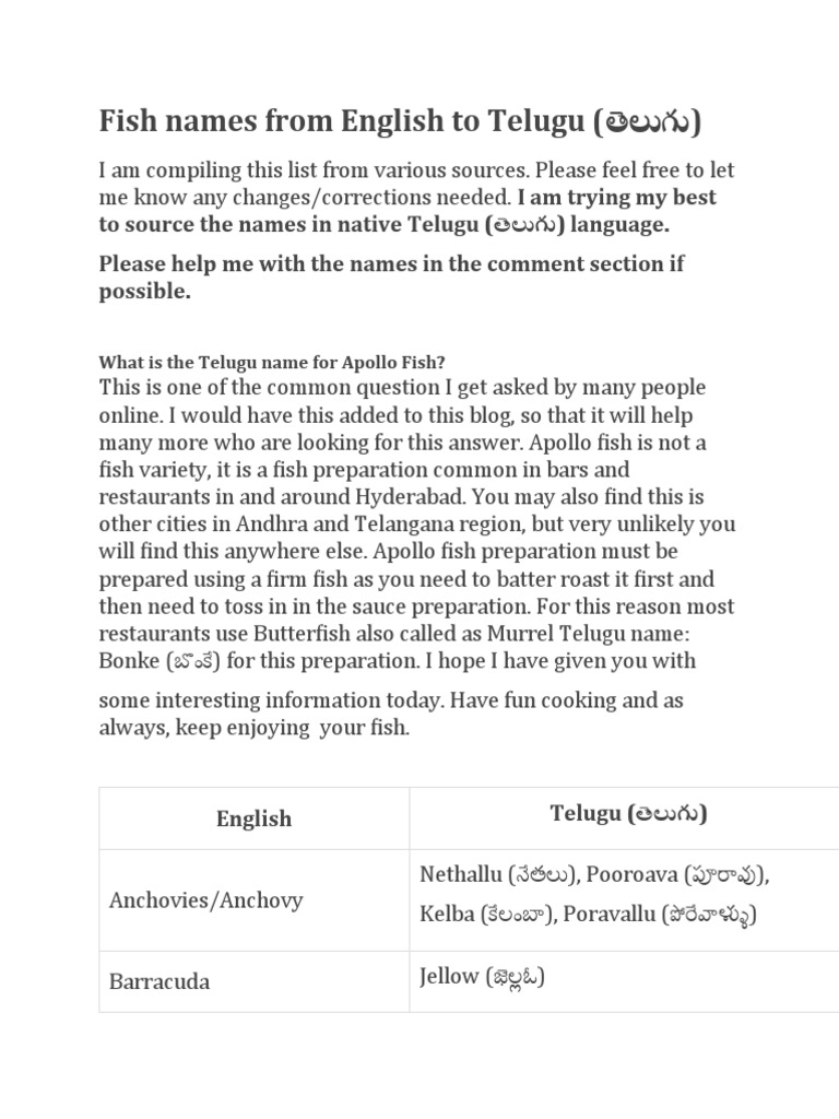 Fish Names English To Telugu | PDF