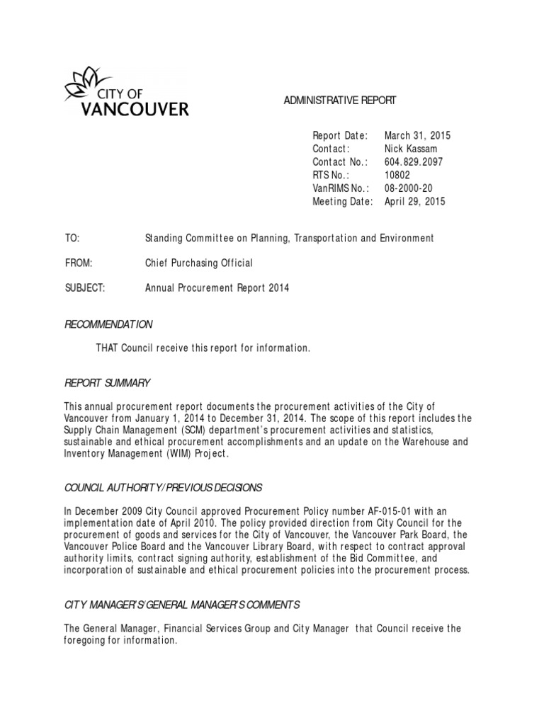 Vancouver Annual Procurement Report 2014 | PDF | Supply Chain ...