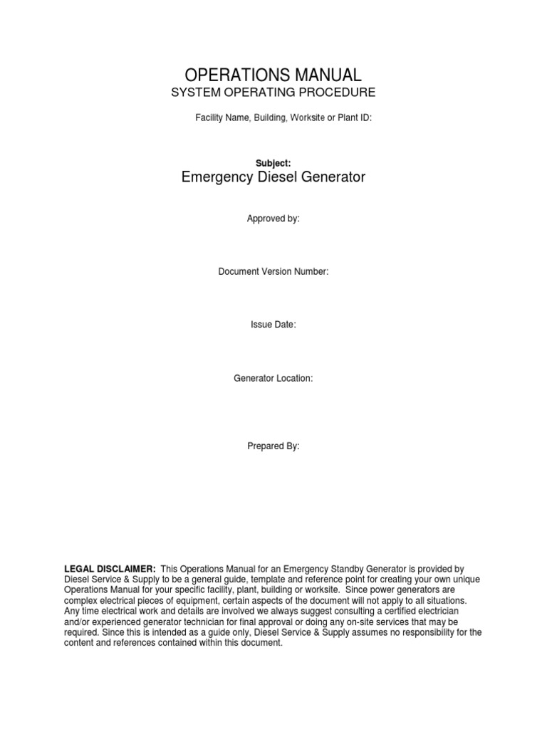 Emergency Diesel Generator Operations Manual | PDF | Electric Generator ...