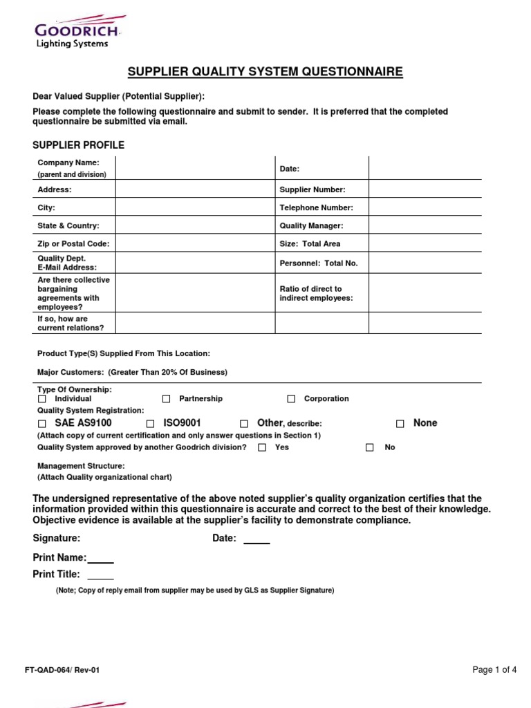 Supplier Quality System Questionnaire | PDF | Calibration ...