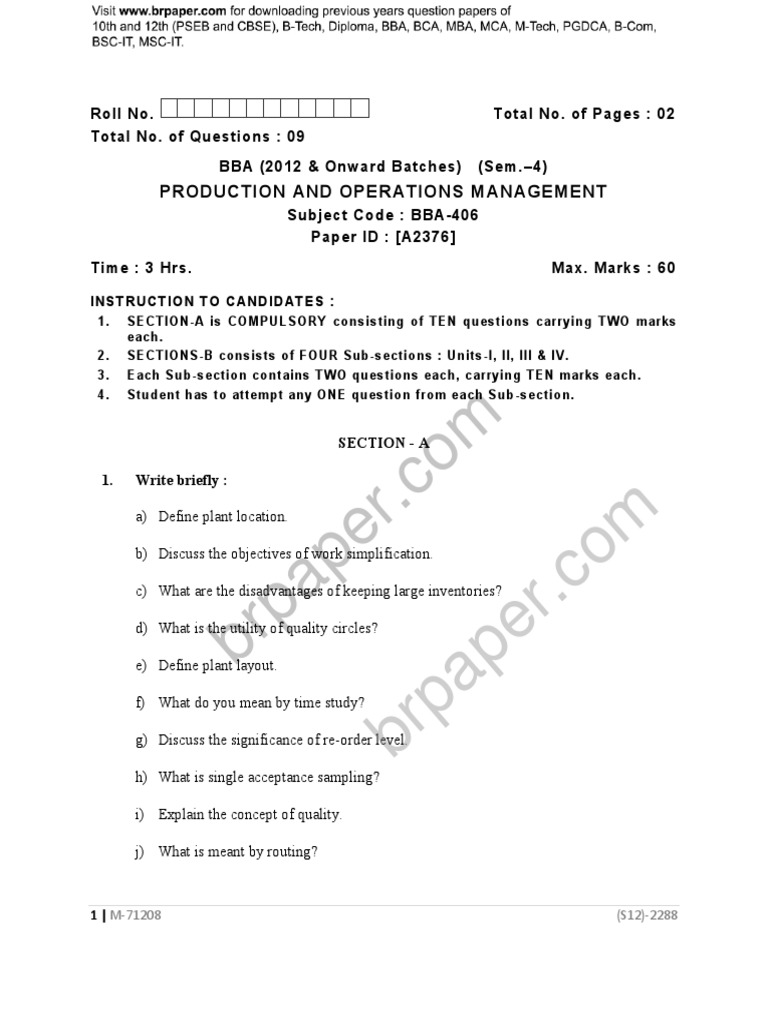 Production and Operations Management: Instruction To Candidates | PDF ...