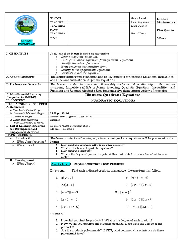 Illustrate Quadratic Equations: Grade 7 Mathematics | PDF | Equations ...