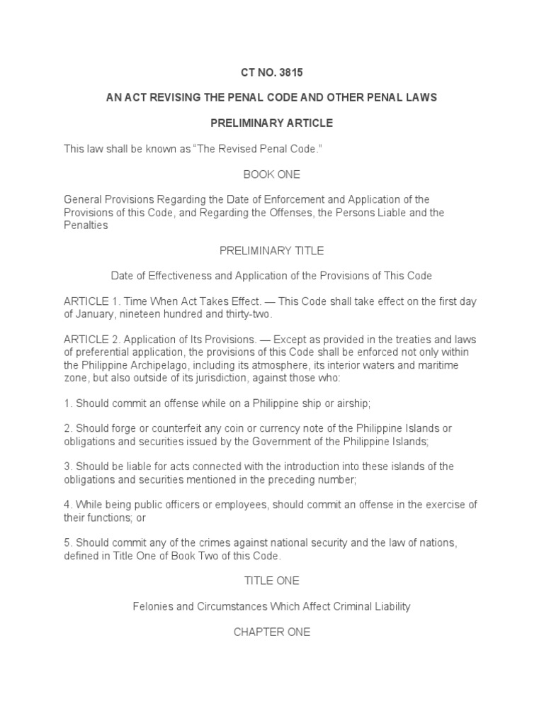 CT NO. 3815 An Act Revising The Penal Code and Other Penal Laws Preliminary Article | PDF ...