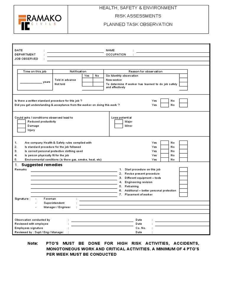 Planned Task Observation Checklist | PDF | Personal Protective ...