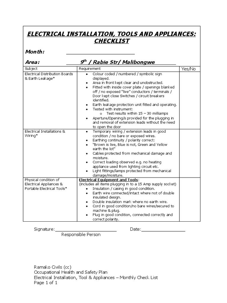 Electrical Installation Tool & Appliances Check List | PDF | Electrical ...