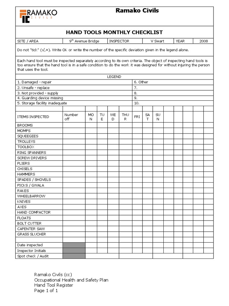Hand Tool Register Checksheet - Daily | PDF | Tools | Equipment