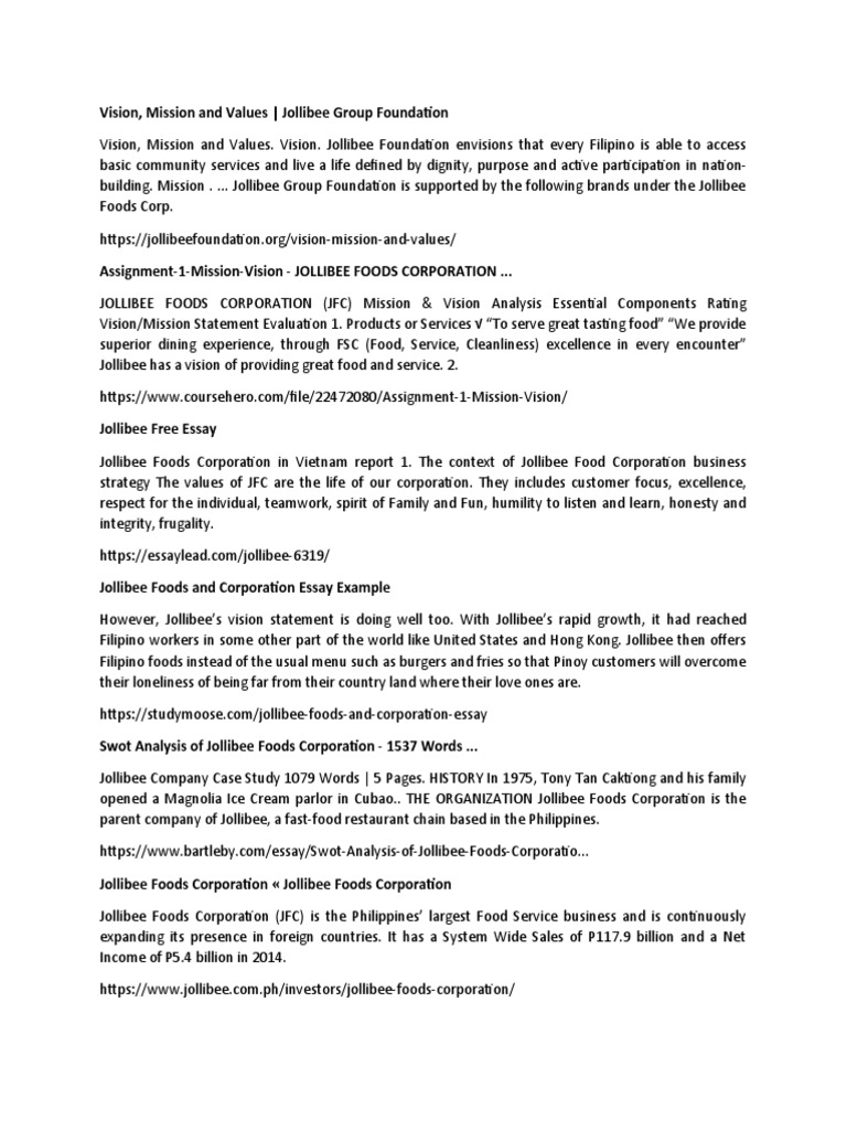 Jollibee Group's Vision & Mission | PDF | Food Industry | Food And Drink