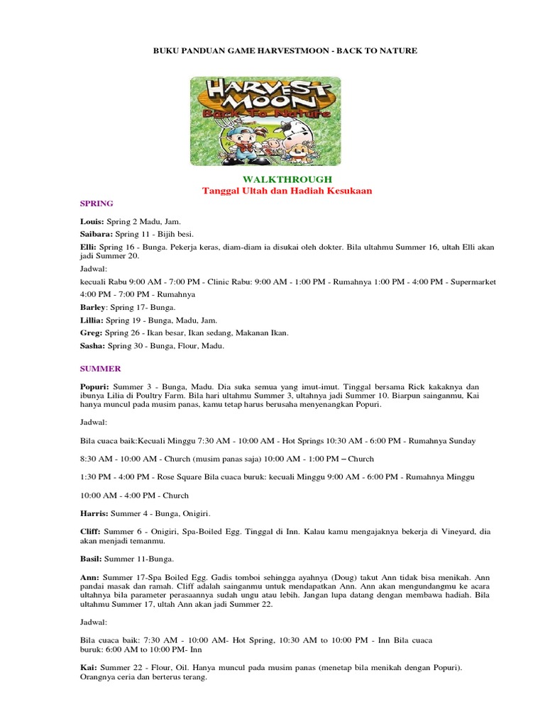 Buku Panduan Game Harvestmoon | PDF