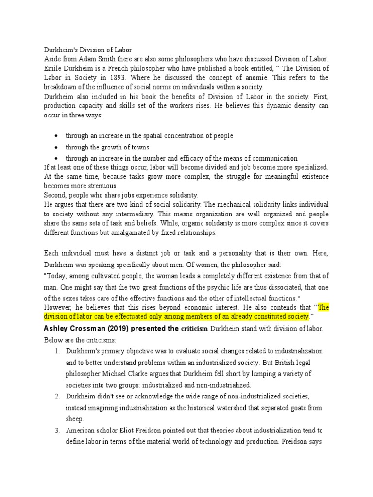 Ashley Crossman (2019) Presented The Criticism Durkheim Stand With ...