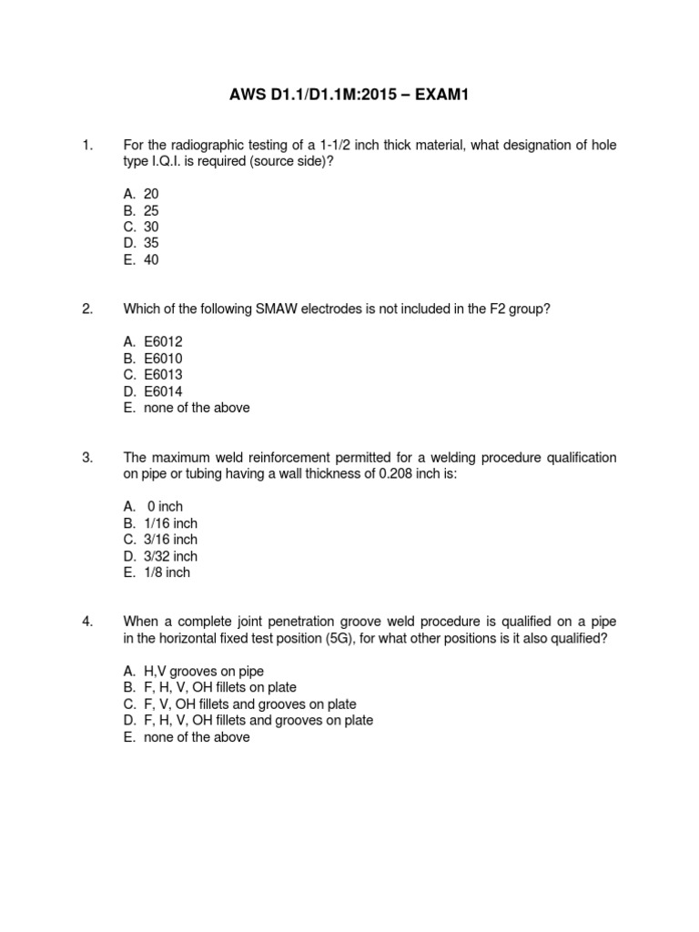 D1.1 - 2015-Exam1-50 Questions W Answers PDF | PDF | Welding | Construction