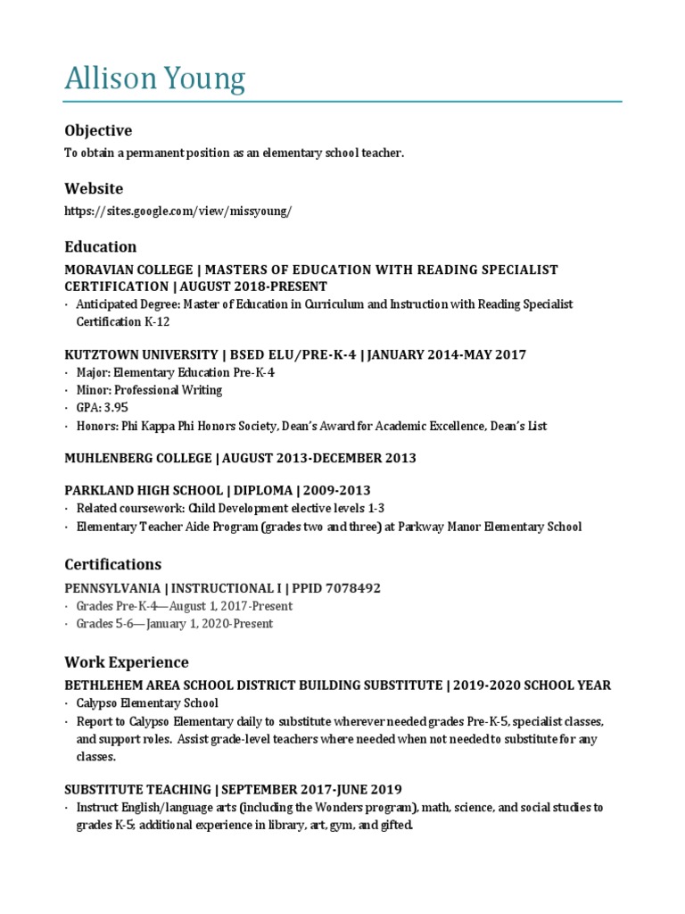 Allison Young Resume Weebly | PDF | Teachers | Cognition
