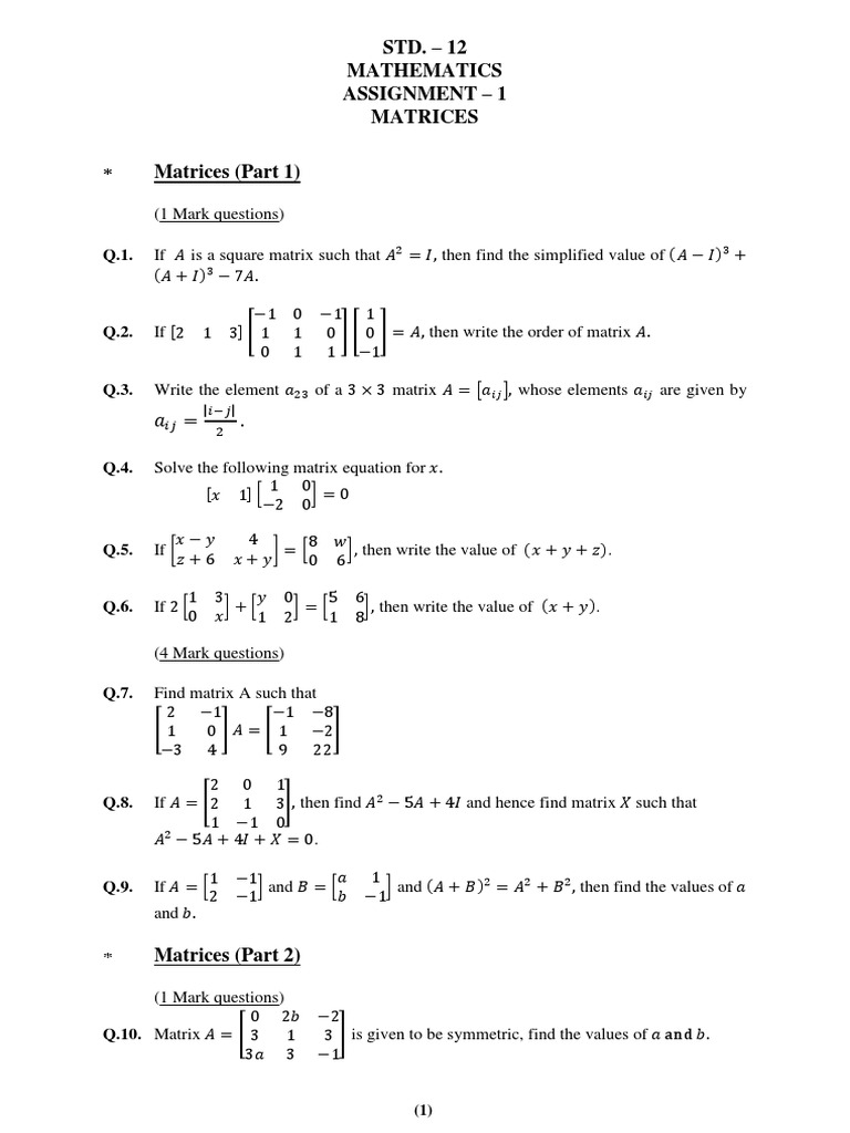 STD. - 12 Mathematics Assignment - 1 Matrices | PDF | Matrix ...