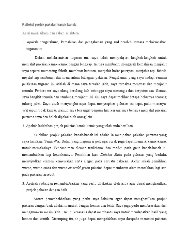 Refleksi Projek Pakaian Kanak | PDF
