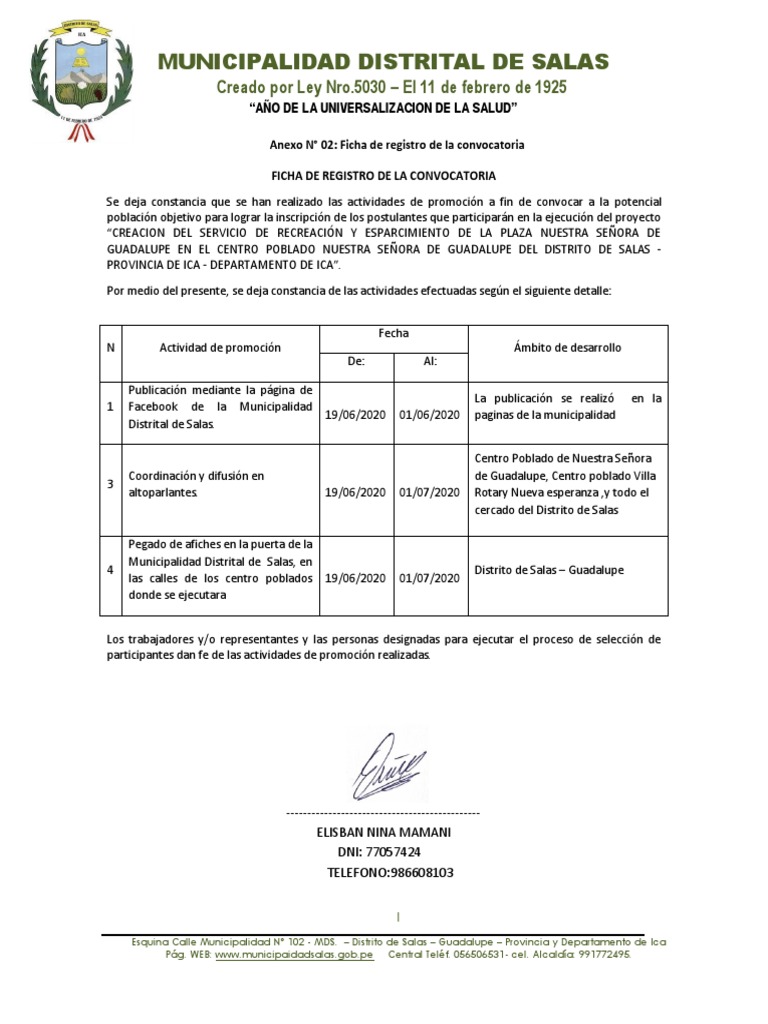 Anexo NRO 02 FICHA REGISTRO CONVOCATORIA EJEMPLO | PDF | Gobierno