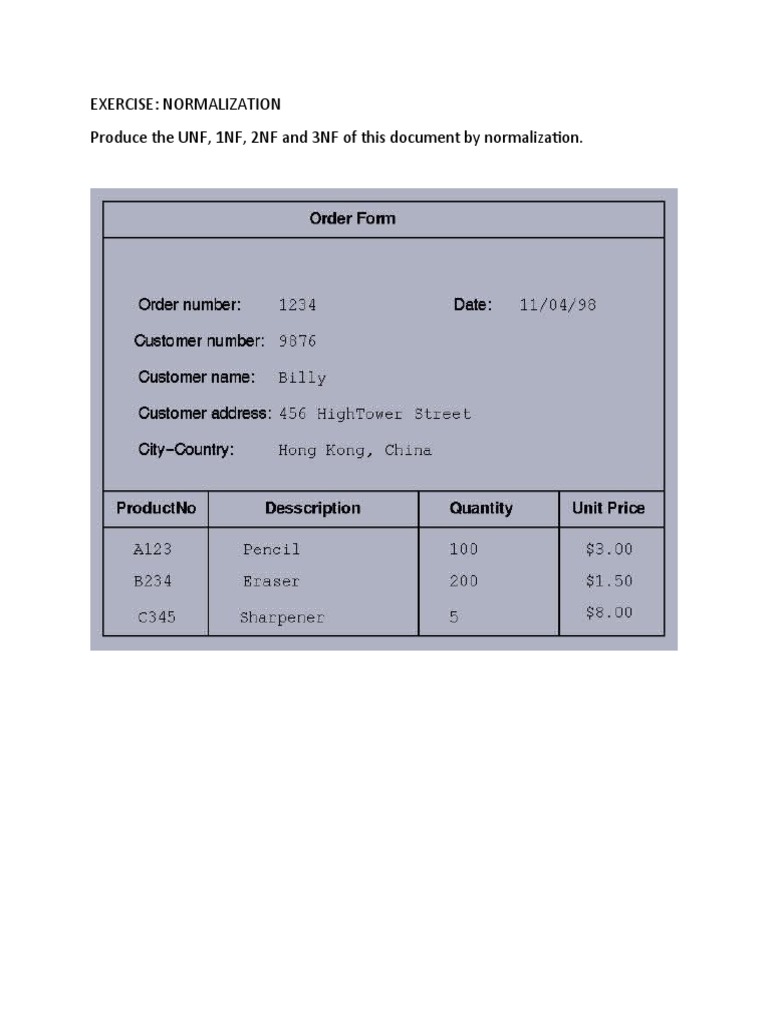 Exercise: Normalization Produce The UNF, 1NF, 2NF and 3NF of This Document by Normalization | PDF