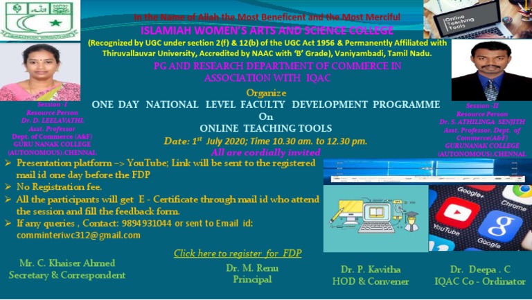 Brochure For FDP On Online Teaching Tools