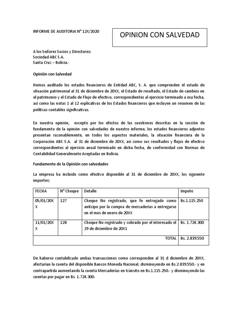 3.-Opinión Con Salvedad-Informes | PDF | Auditoría | Estado financiero