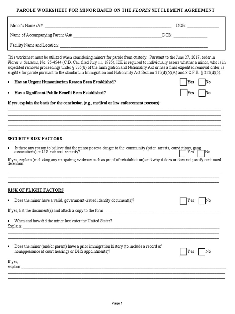Parole Worksheet For Minor Based On The Flores Settlement Agreement ...