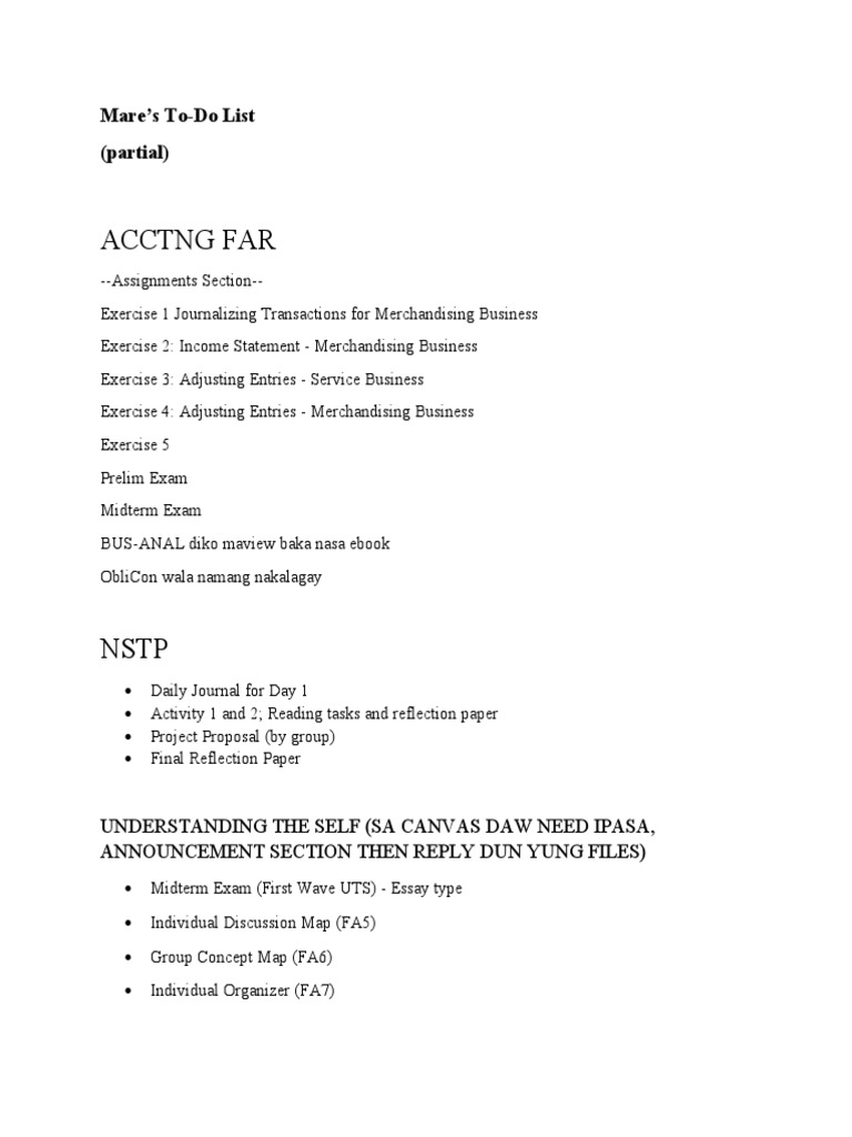 Acctng Far: Mare's To-Do List (Partial) | PDF | Psychological Concepts ...