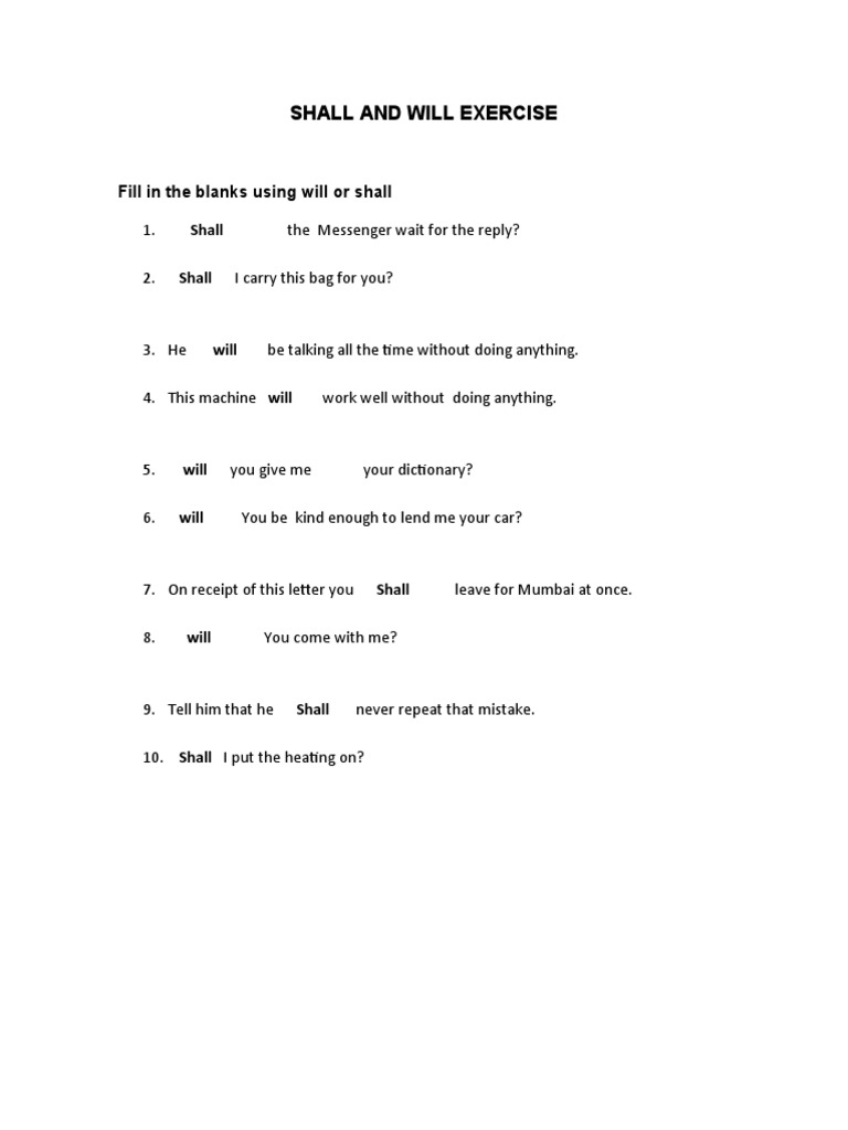 Activity Two Shall and Will Exercise | PDF | Language Arts & Discipline ...
