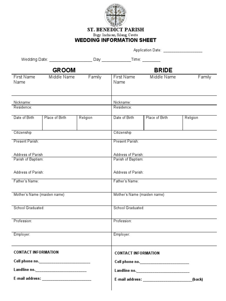 Groom: St. Benedict Parish Wedding Information Sheet | PDF ...