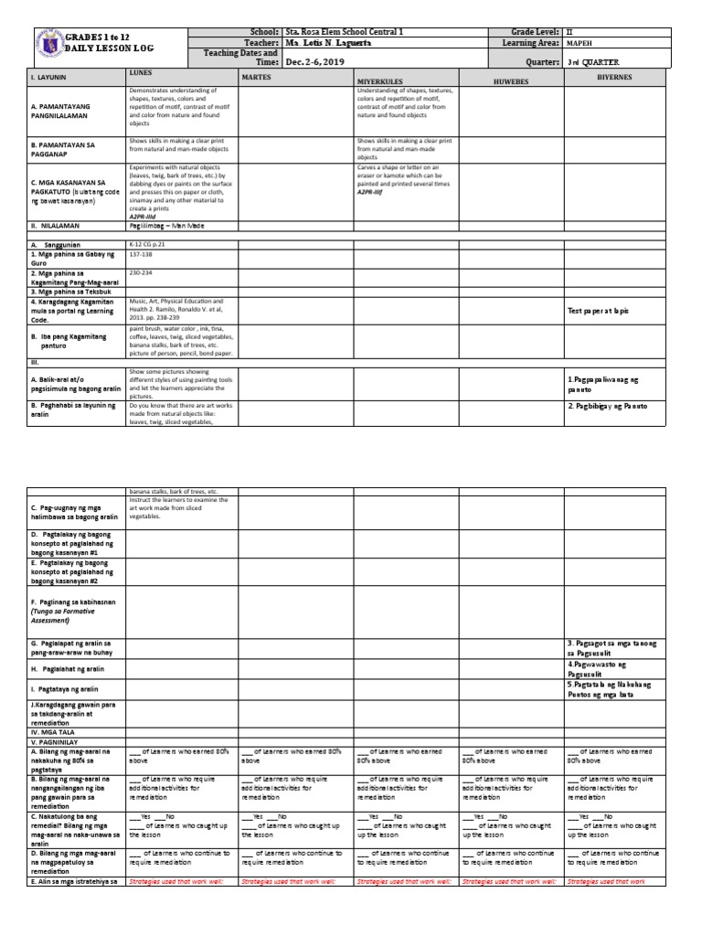 GRADES 1 To 12 Daily Lesson Log Ma. Lotis N. Laguerta Dec. 2-6, 2019 | PDF