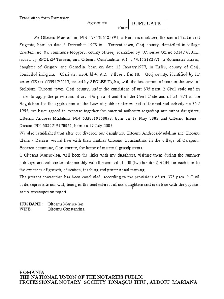 Romanian divorce agreement translation | PDF | Civil Law (Common Law ...