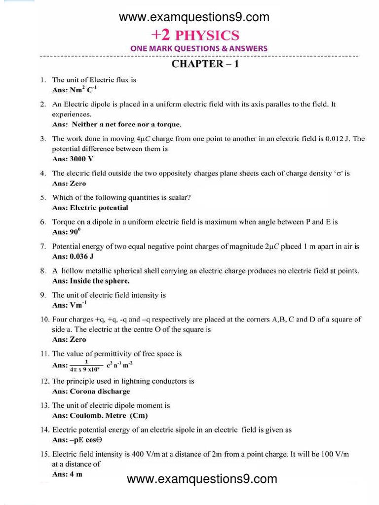 12th Physics One Mark Questions With Answer English Medium | PDF