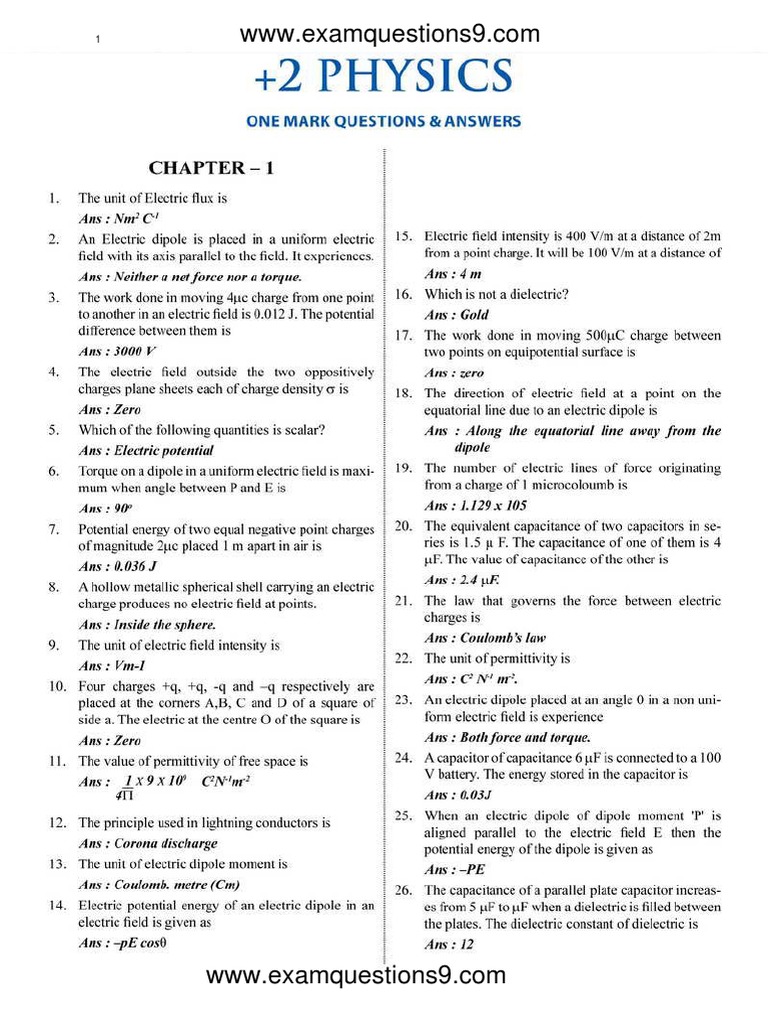 Plus Two Physics One Mark Questions With Answers English Medium | PDF