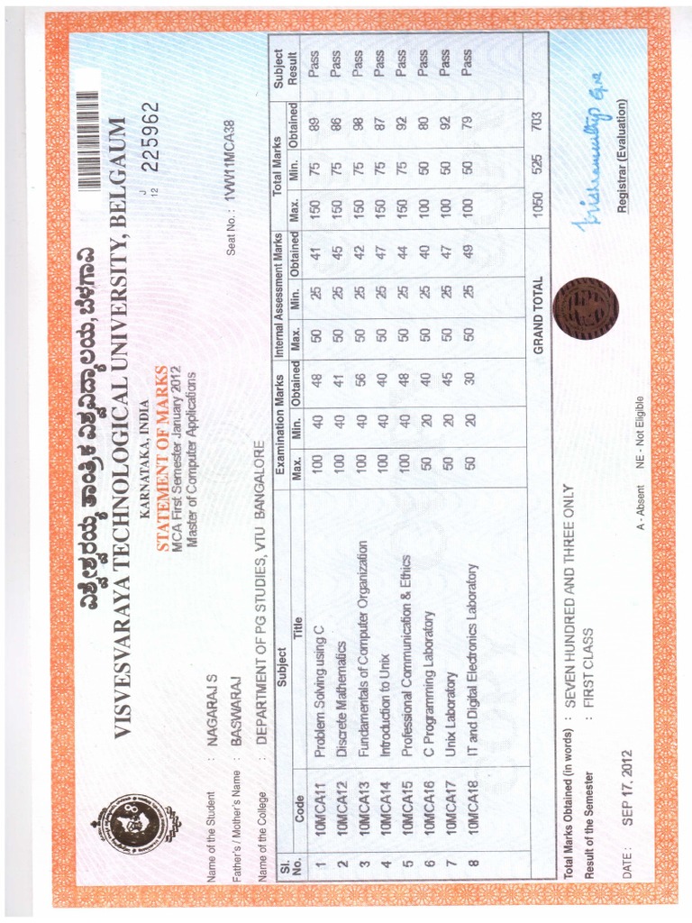 Nagaraj Mca Marks Card | PDF