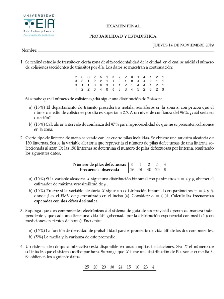 Examen Final Probabilidad Y Estad Istica: N Umero de Pilas Defectuosas Frecuencia Observada ...