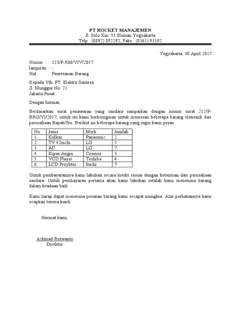 Contoh Surat Pemesanan | PDF