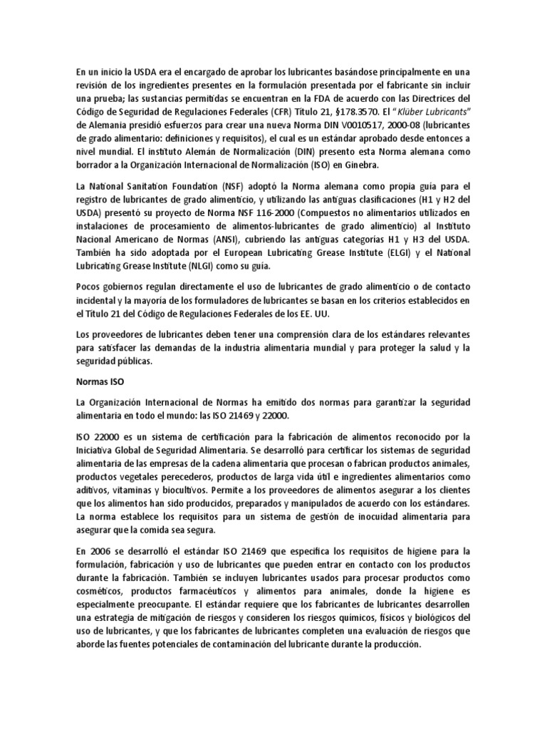 Normativa ISO 21469 para Lubricantes Alimentarios | PDF | Análisis de ...