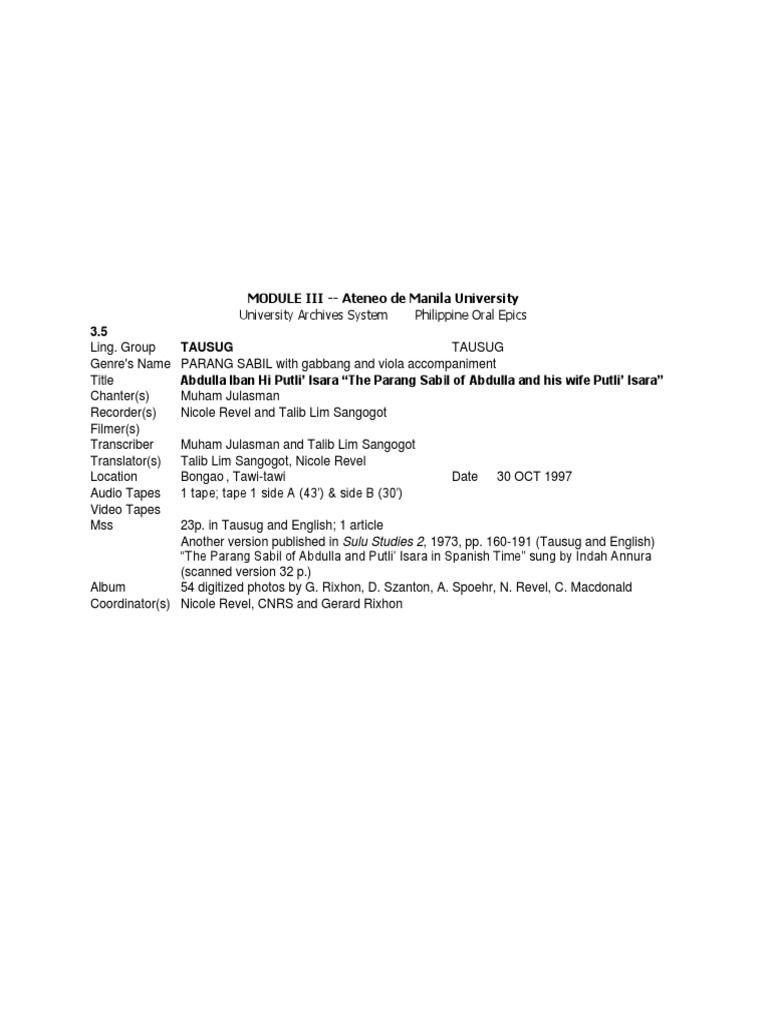 3.5 Parang Sabil Kan Abdulla Iban Hi Putli Isara Tausug and English Version | PDF
