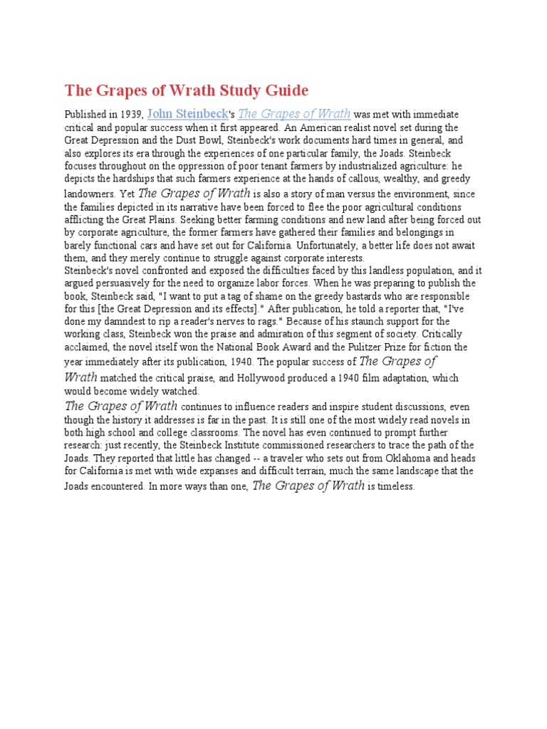 The Grapes of Wrath Study Guide | PDF | Agriculture