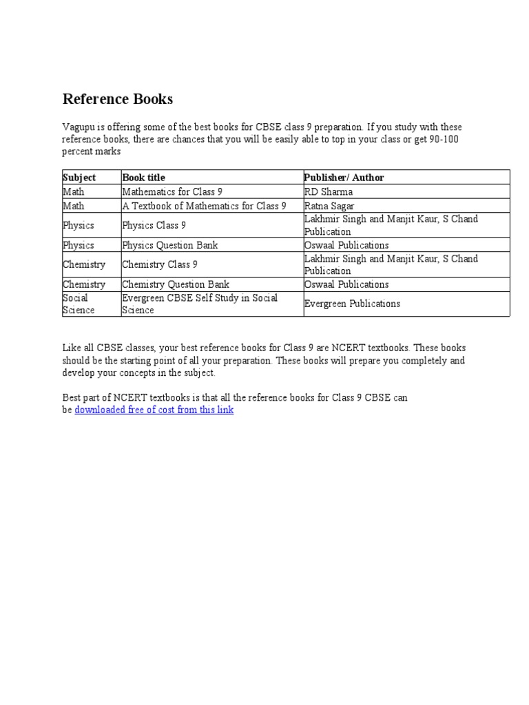Reference Books: Subject Book Title Publisher/ Author | PDF