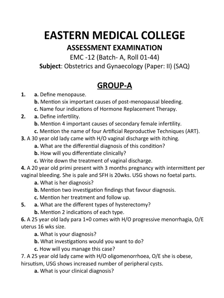 Eastern Medical College: Group-A | PDF | Endocrine System | Gynaecology