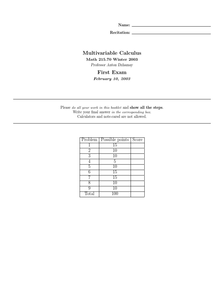 Multivariable Calculus: Math 215.70 Winter 2003 | PDF | Euclidean ...