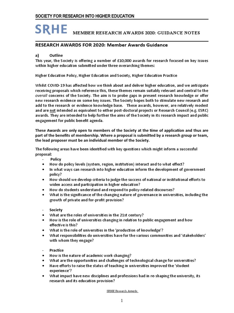 RESEARCH AWARDS FOR 2020: Member Awards Guidance | PDF | University ...