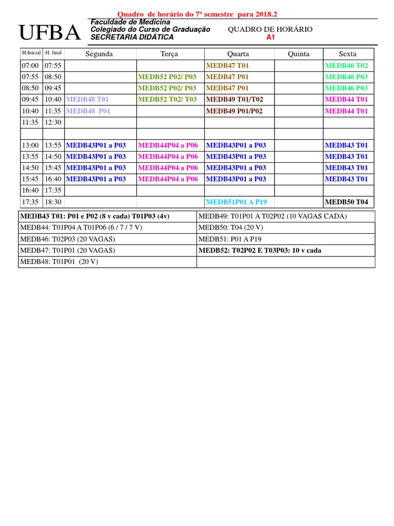 Quadro Horário 7º Semestre | PDF